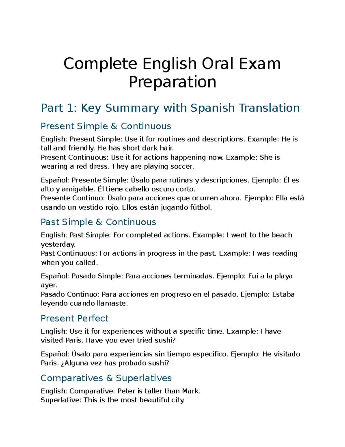 English Oral Exam Complete Prep: Key Summary & Spanish Translations ...