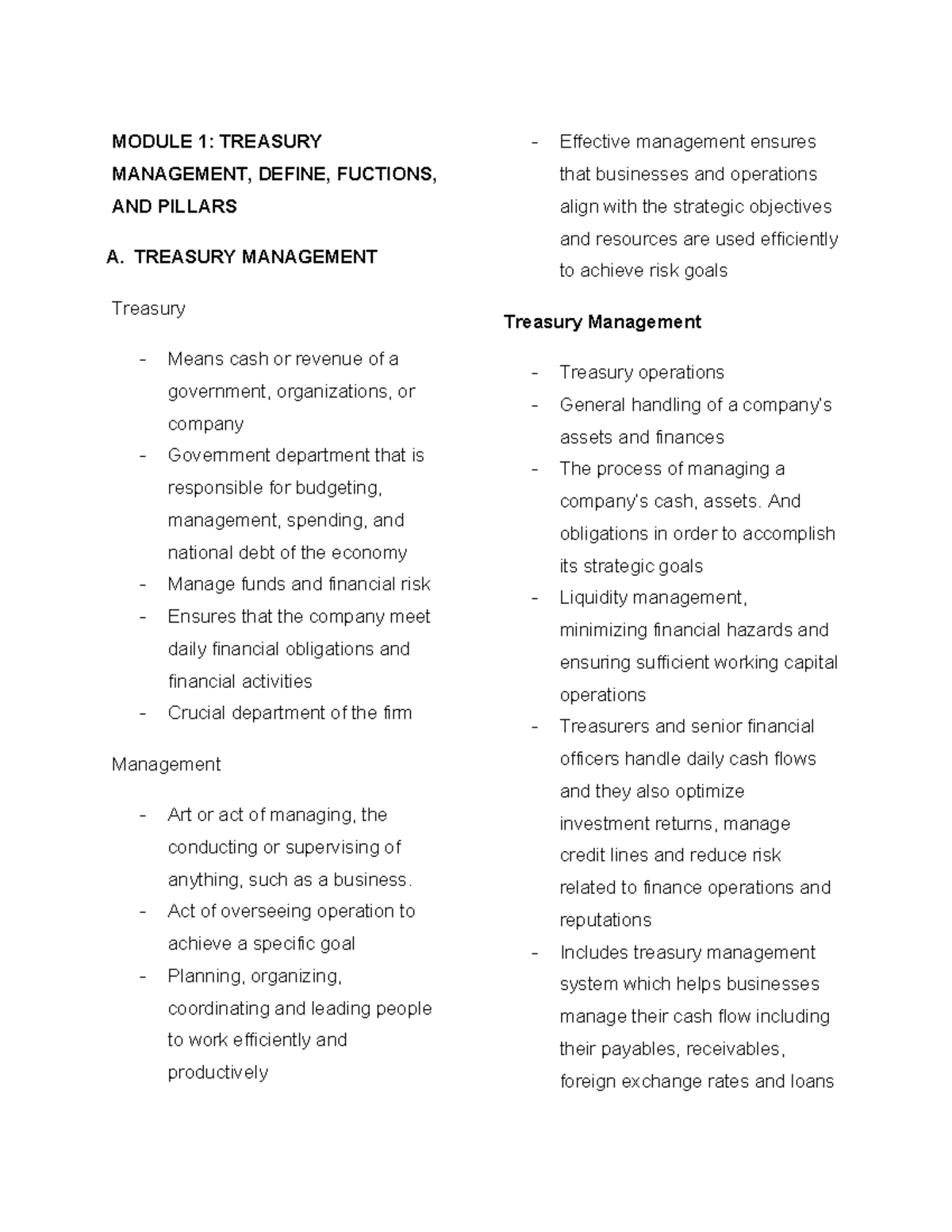 Chapter 1 TM Notes: Introduction to Treasury Management Concepts - Studocu