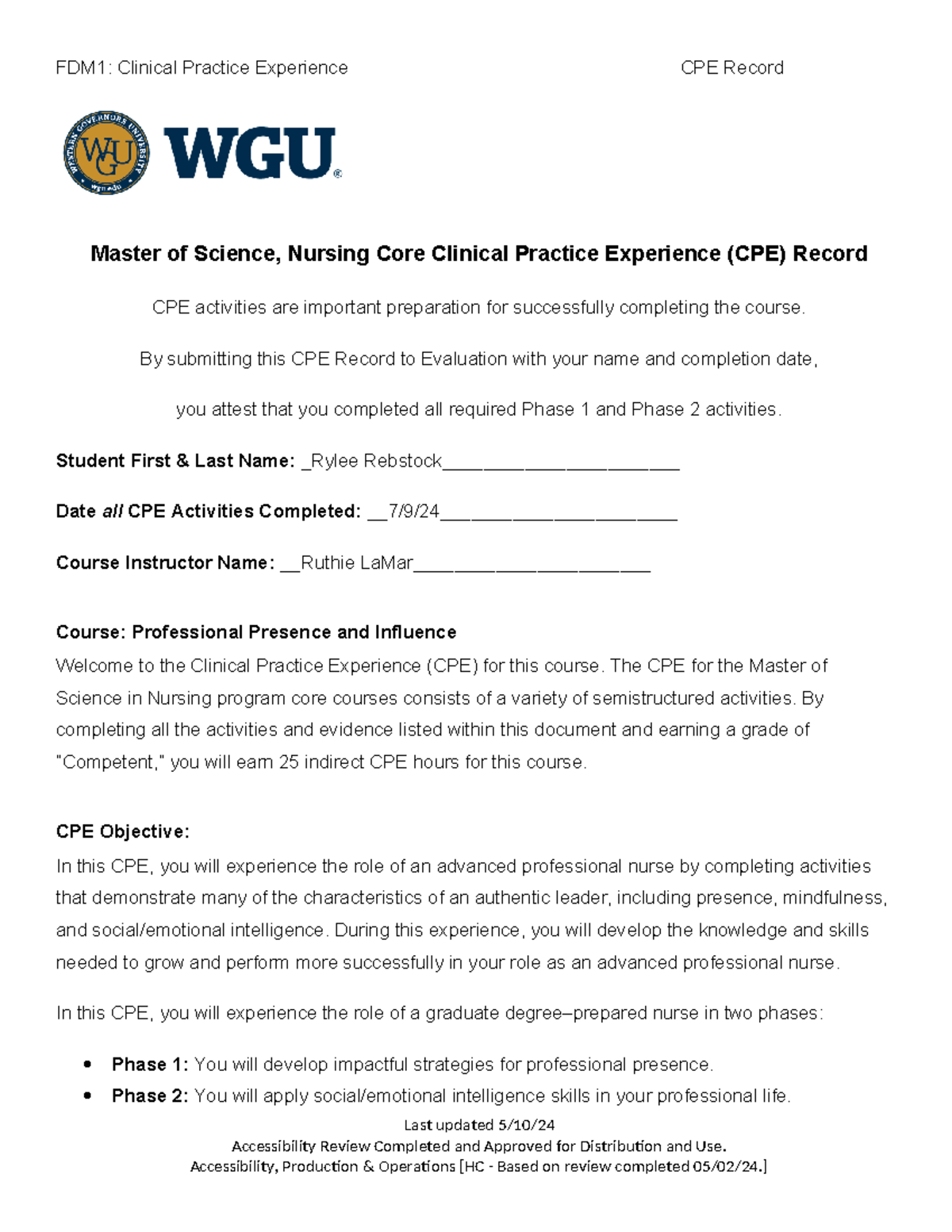 CPE Record D024 - FDM1: Clinical Practice Experience CPE Record Master ...