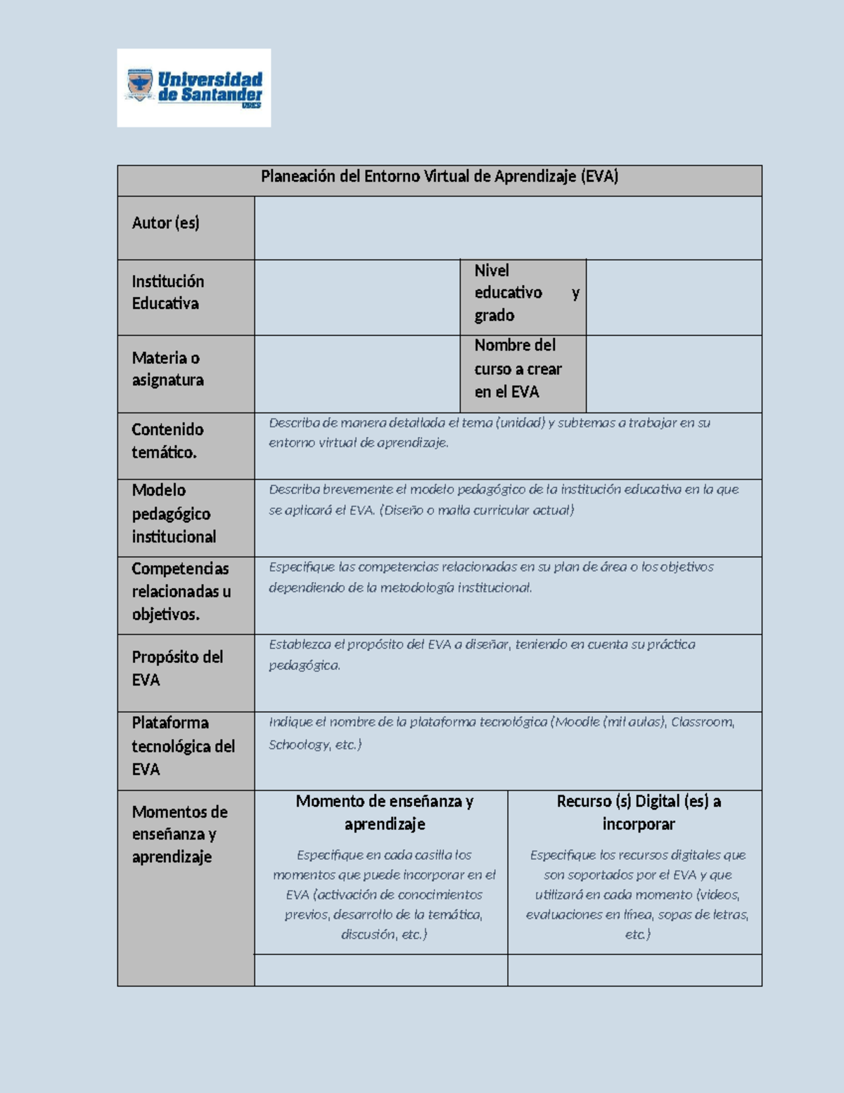Planeación del Entorno Virtual de Aprendizaje (EVA) - Formato Completo ...