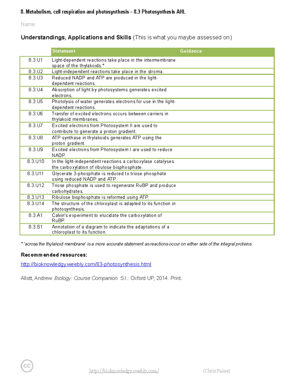 8. Metabolism, cell respiration and photosynthesis – 8.3 Photosynthesis ...
