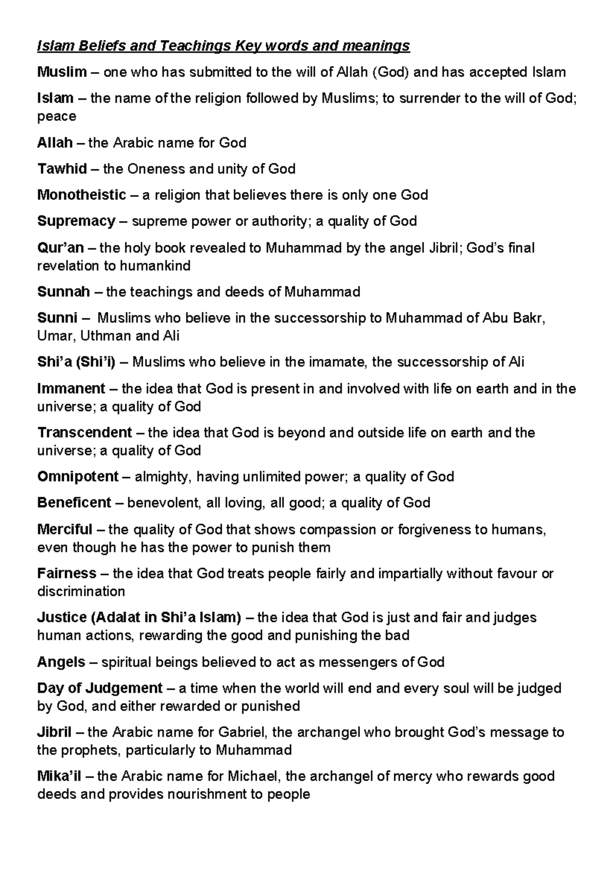 Islam Beliefs and Teachings Key words and meanings - Studocu