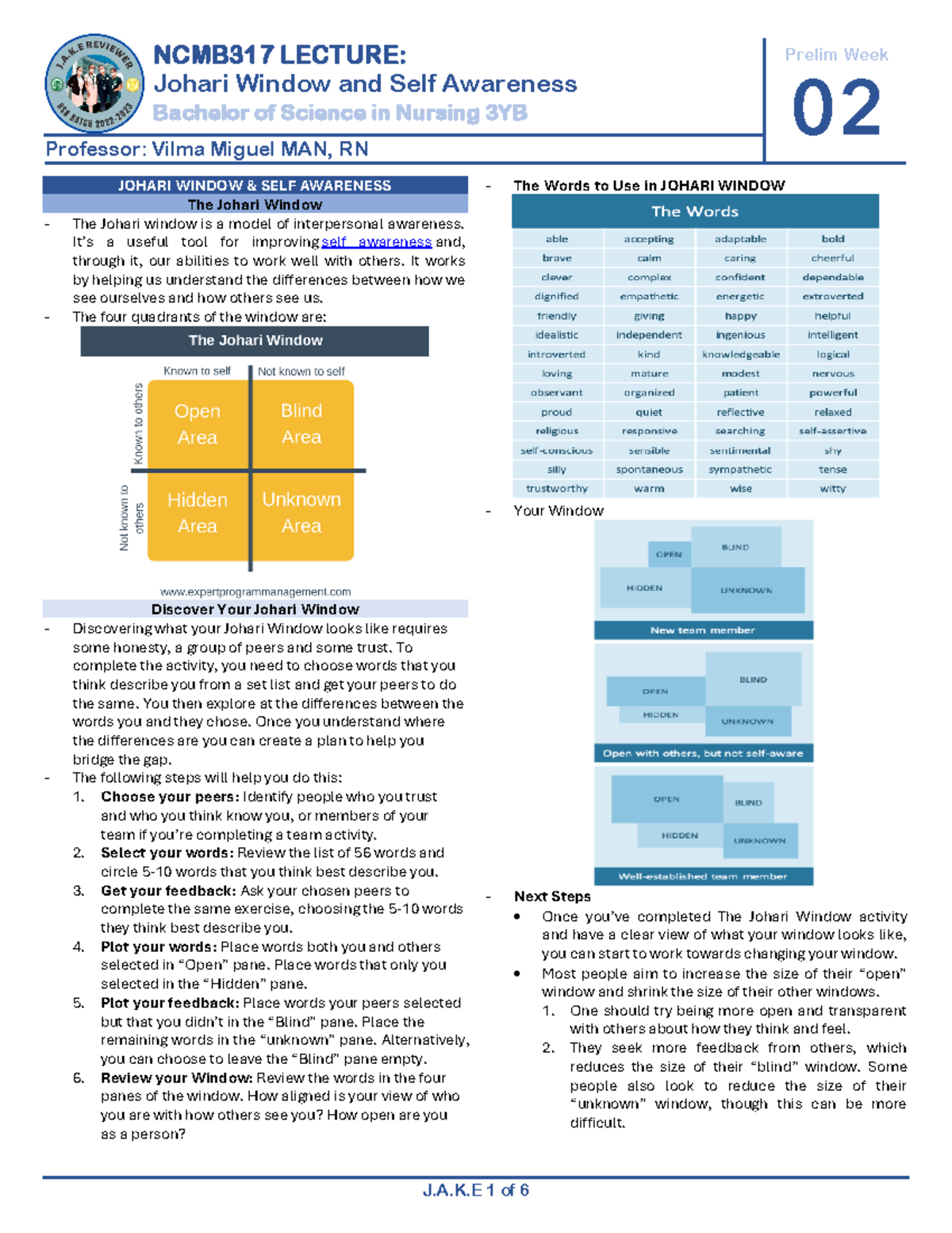 WK2 - Johari Window & Self Awareness - Professor: Vilma Miguel MAN, RN ...
