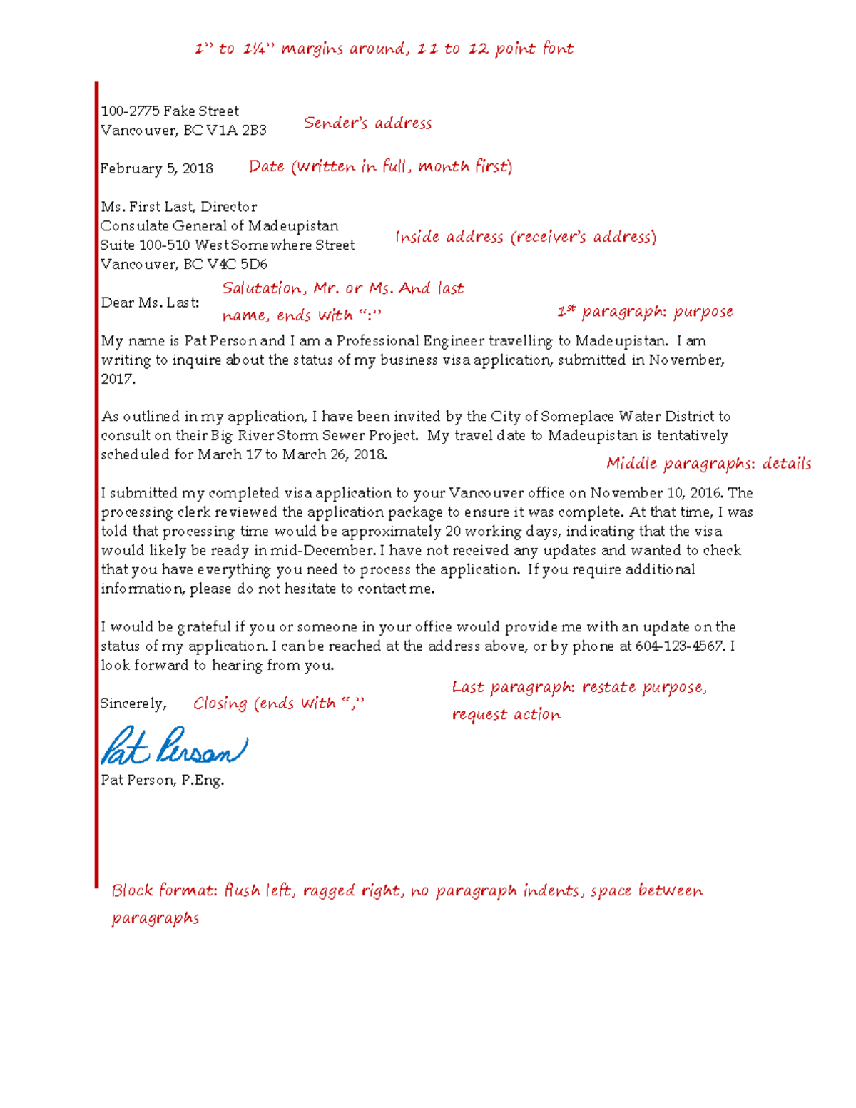 Sample Business Letter (annotated) - 100-2775 Fake Street Vancouver, BC ...