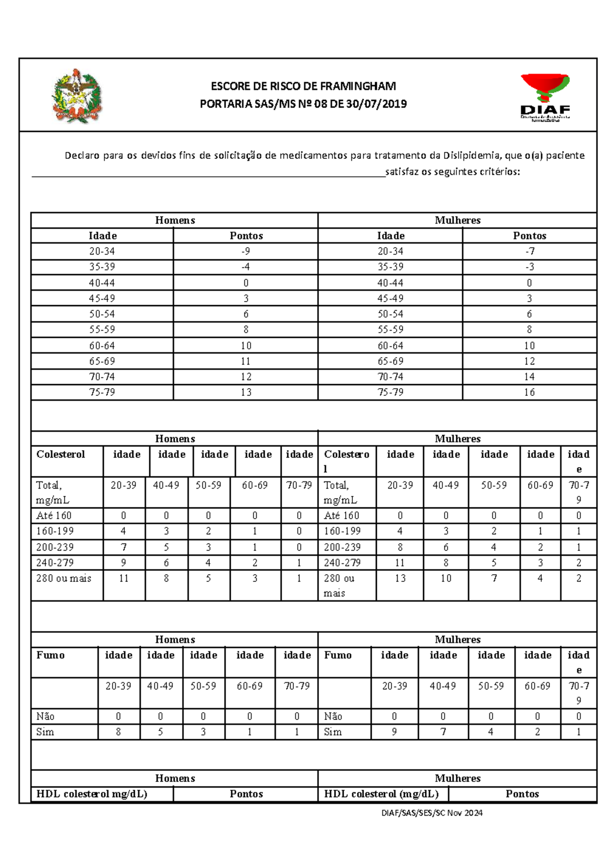 Escore de Risco de Framingham para Dislipidemia - Portaria Nº 08 - Studocu