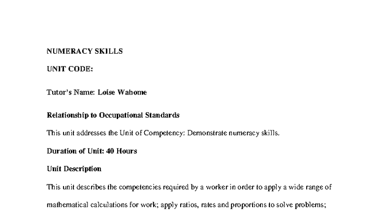 Numeracy Skills Course Outline: Unit Code and Competencies - Studocu