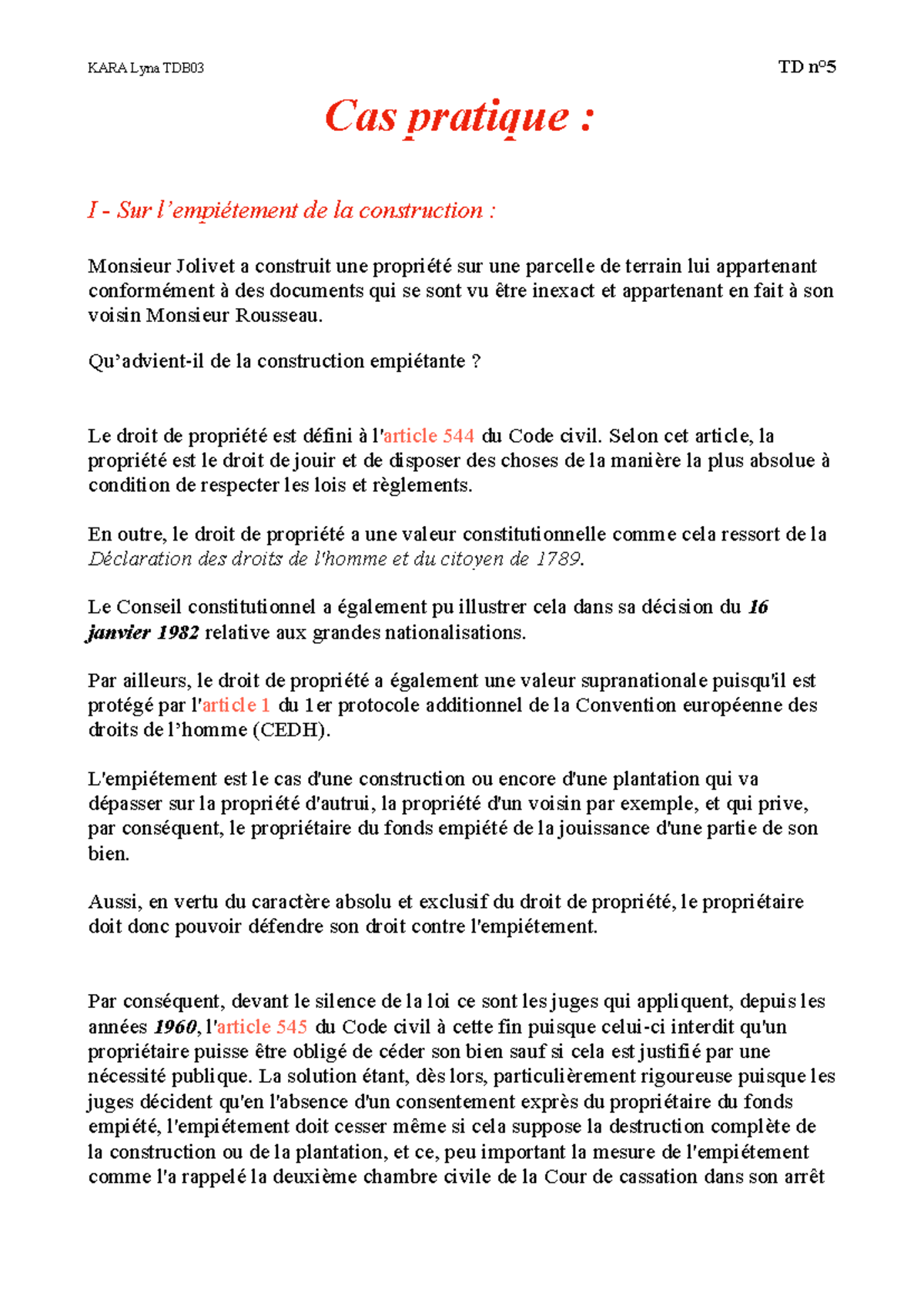 Cas pratique td n°5 - Travaux dirigés. - Cas pratique : I - Sur l ...