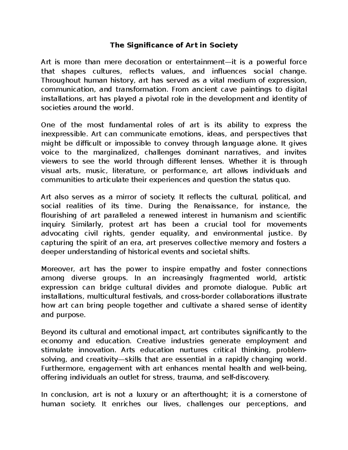 Essay on art - The significance of art in society and its impact - Studocu