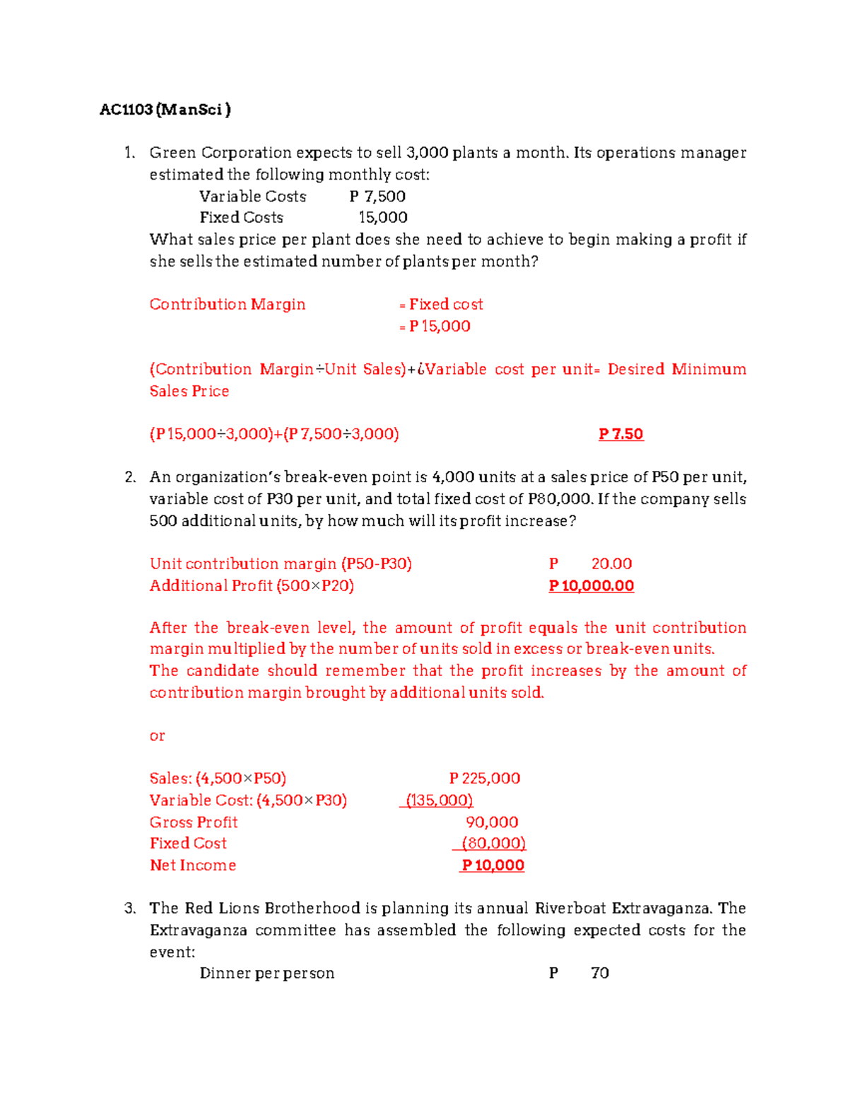 AC1103 Breakeven Analysis Practice Material for ManSci Students - Studocu
