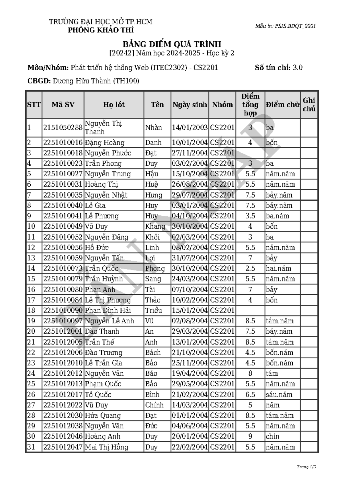 CS2201 Final Exam - Bảng Điểm Quá Trình Phát Triển Hệ Thống Web - Studocu