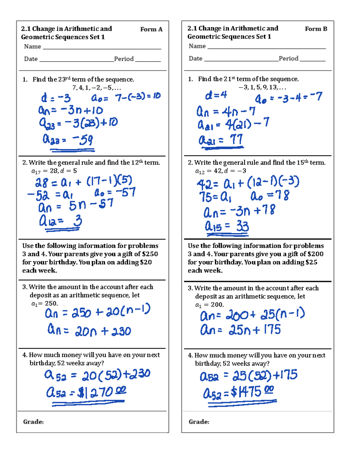 Unit 2 Daily Quizzes Key: Arithmetic & Geometric Sequences and ...