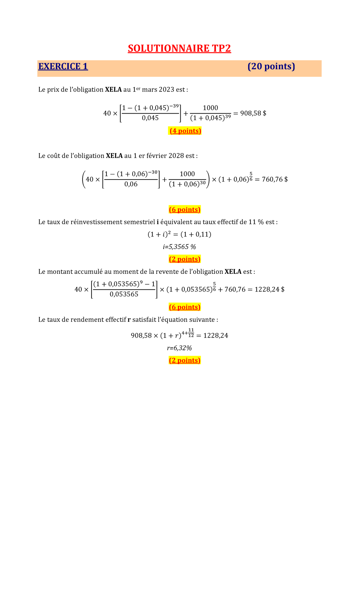 Solutionnaire TP2 FIN3500 : Exercices et Calculs Financiers - Studocu