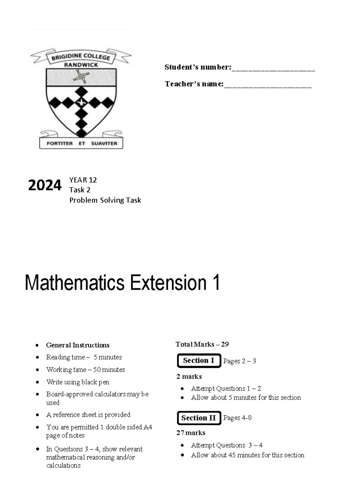 Extension 1 Mathematics Task 2 Problem Solving Exam 2024 - Studocu