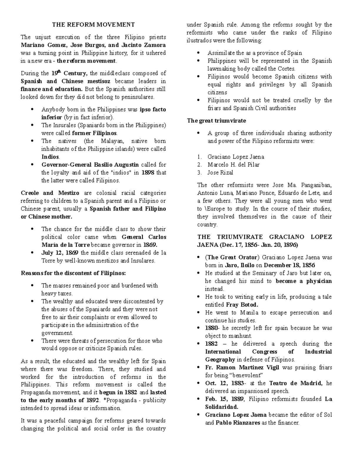 The Reform Movement: Key Figures and Events in Philippine History - Studocu
