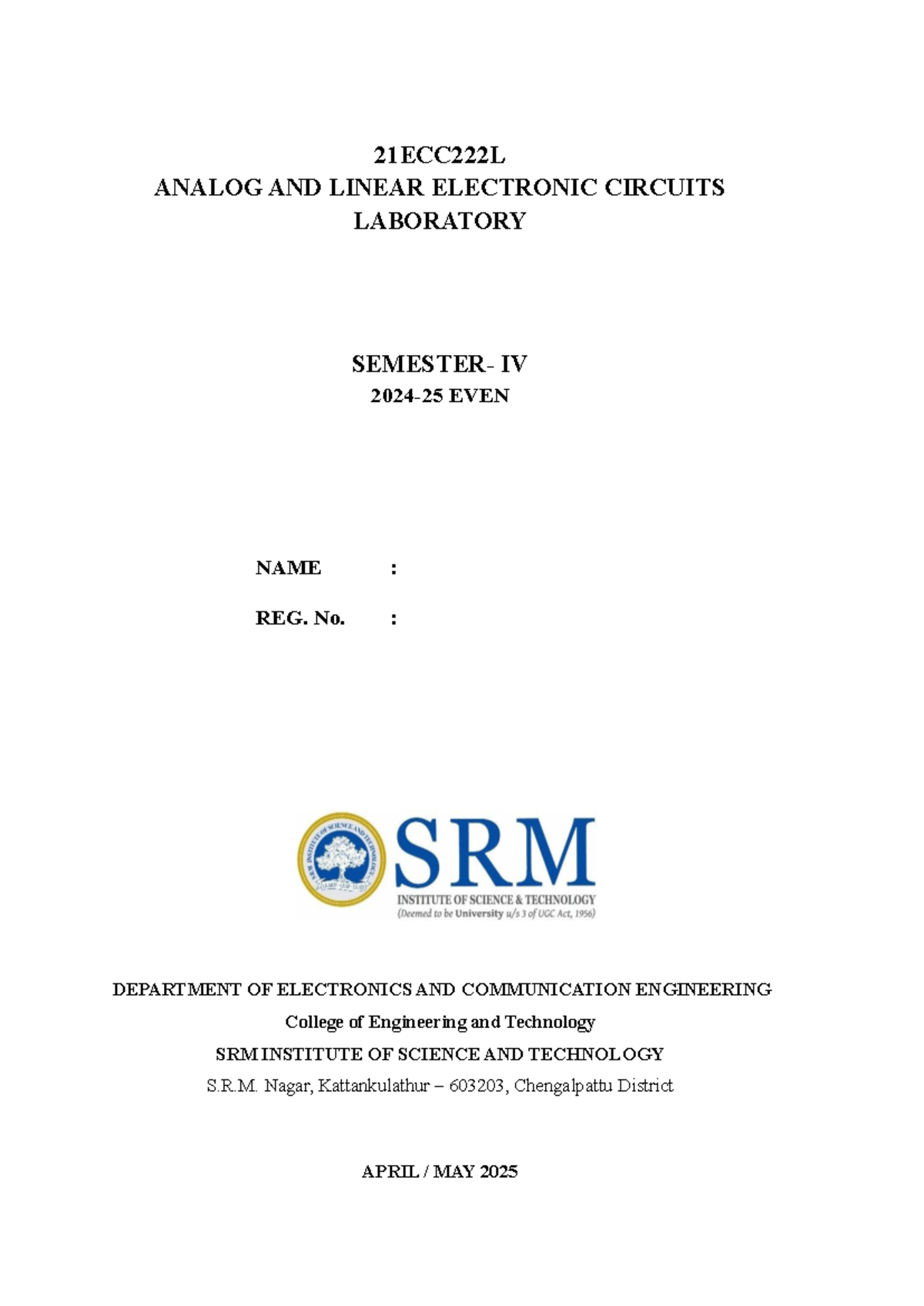 ANALOG AND LINEAR ELECTRONIC CIRCUITS LAB IV - 21ECC222L - Studocu