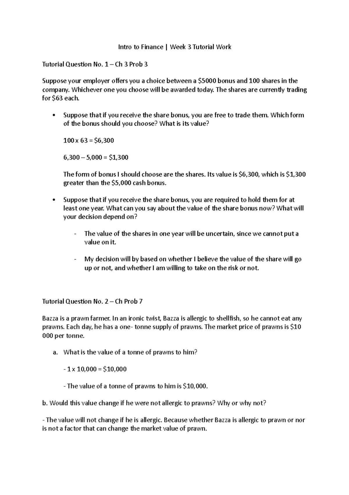 Intro to Finance Week 3 Tutorial work - Intro to Finance | Week 3 ...