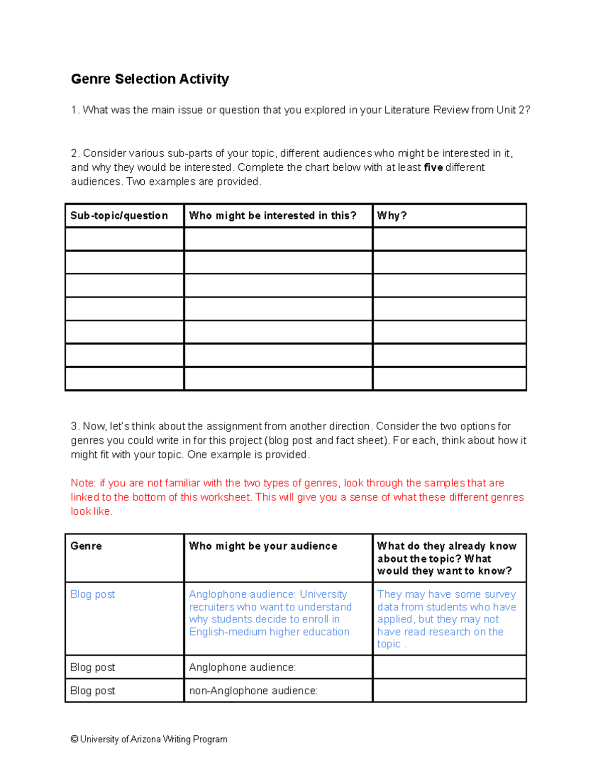 Unit 2 Genre Selection Activity for Literature Review Analysis - Studocu