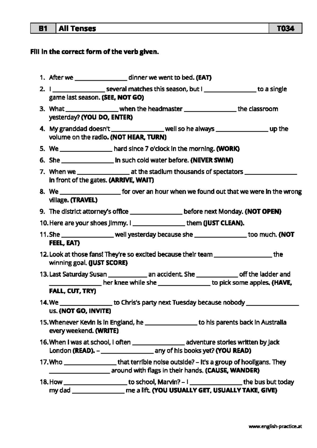 B1 All Tenses T034 - Fill in the Correct Verb Forms Activities - Studocu