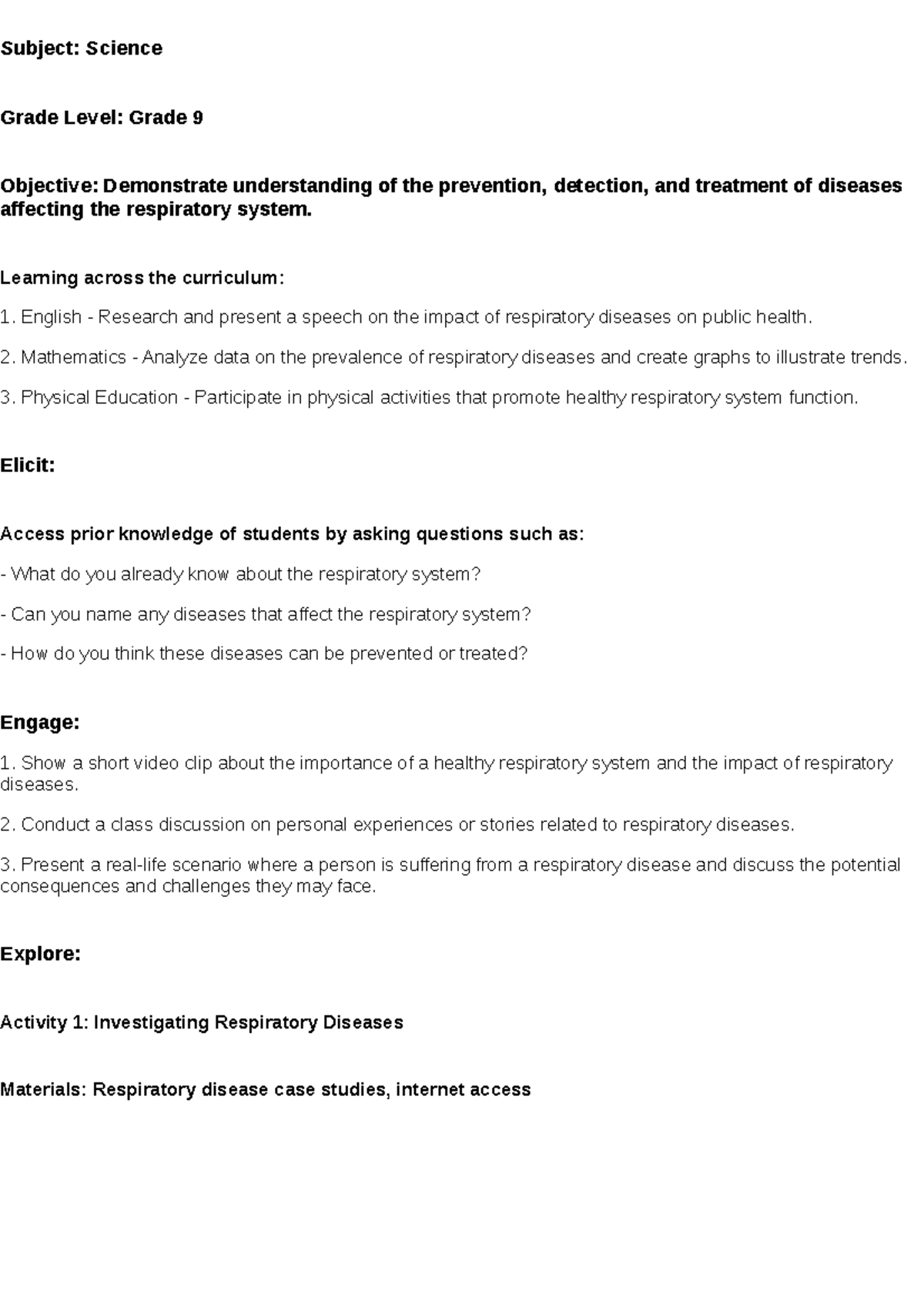 Lesson Plan for Science 9 - Understanding Respiratory Diseases - Studocu