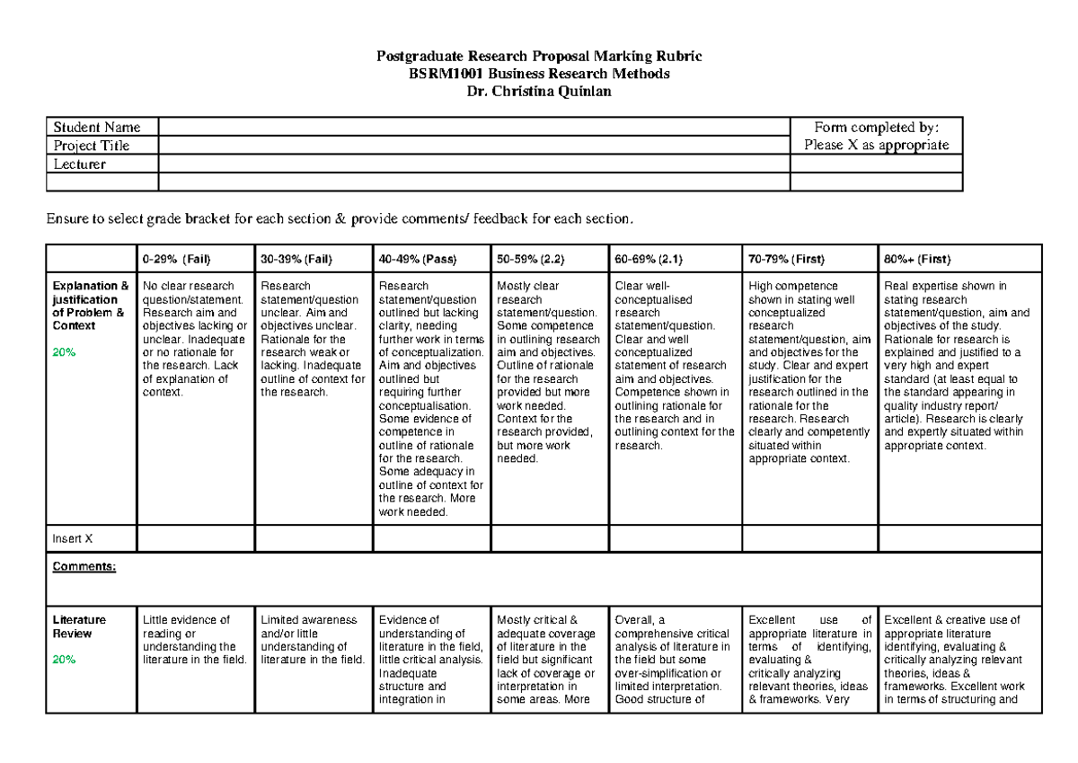 BSRM1001 Proposal Marking Rubric for Business Research Methods - Studocu