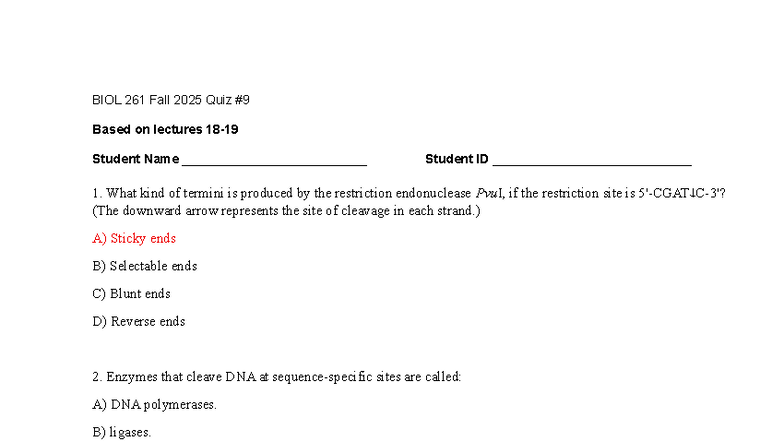 BIOL 261 Fall 2025 Quiz: Multiple Choice Questions on DNA Enzymes - Studocu