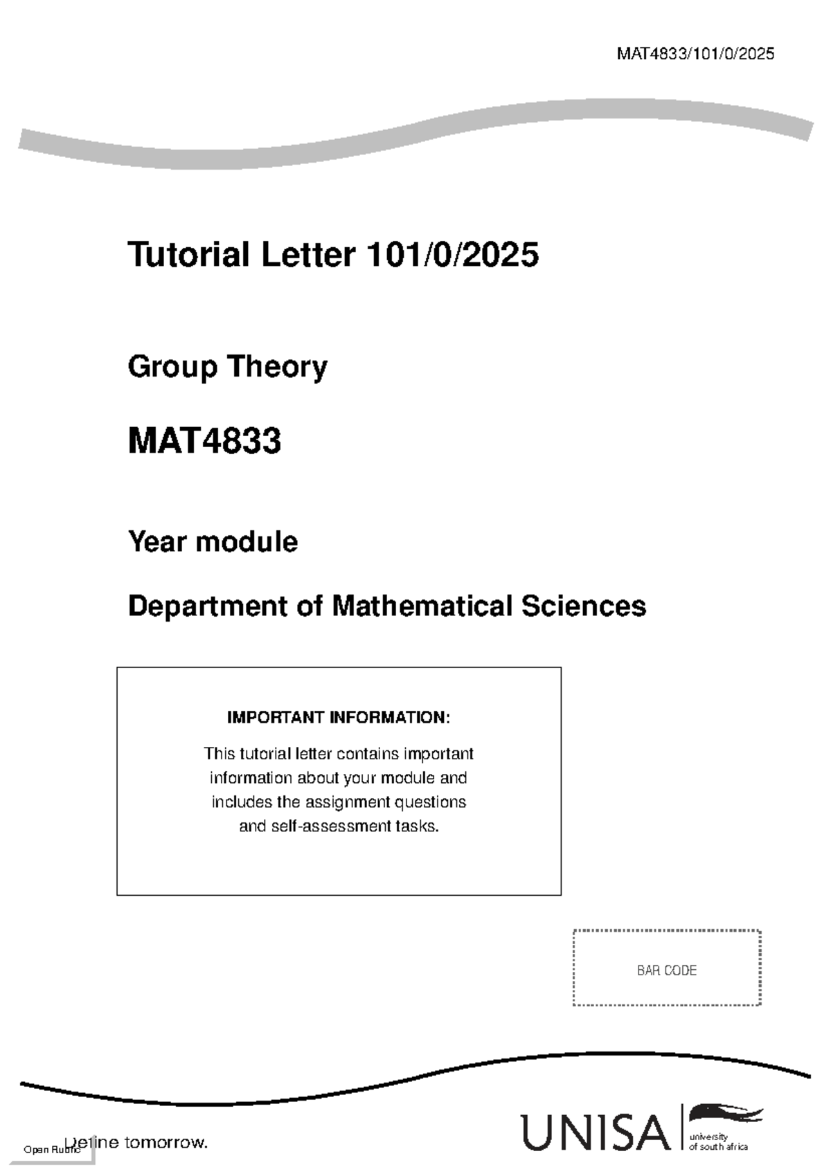 Tutorial Letter 101: Group Theory MAT4833 Year Module Overview - Studocu