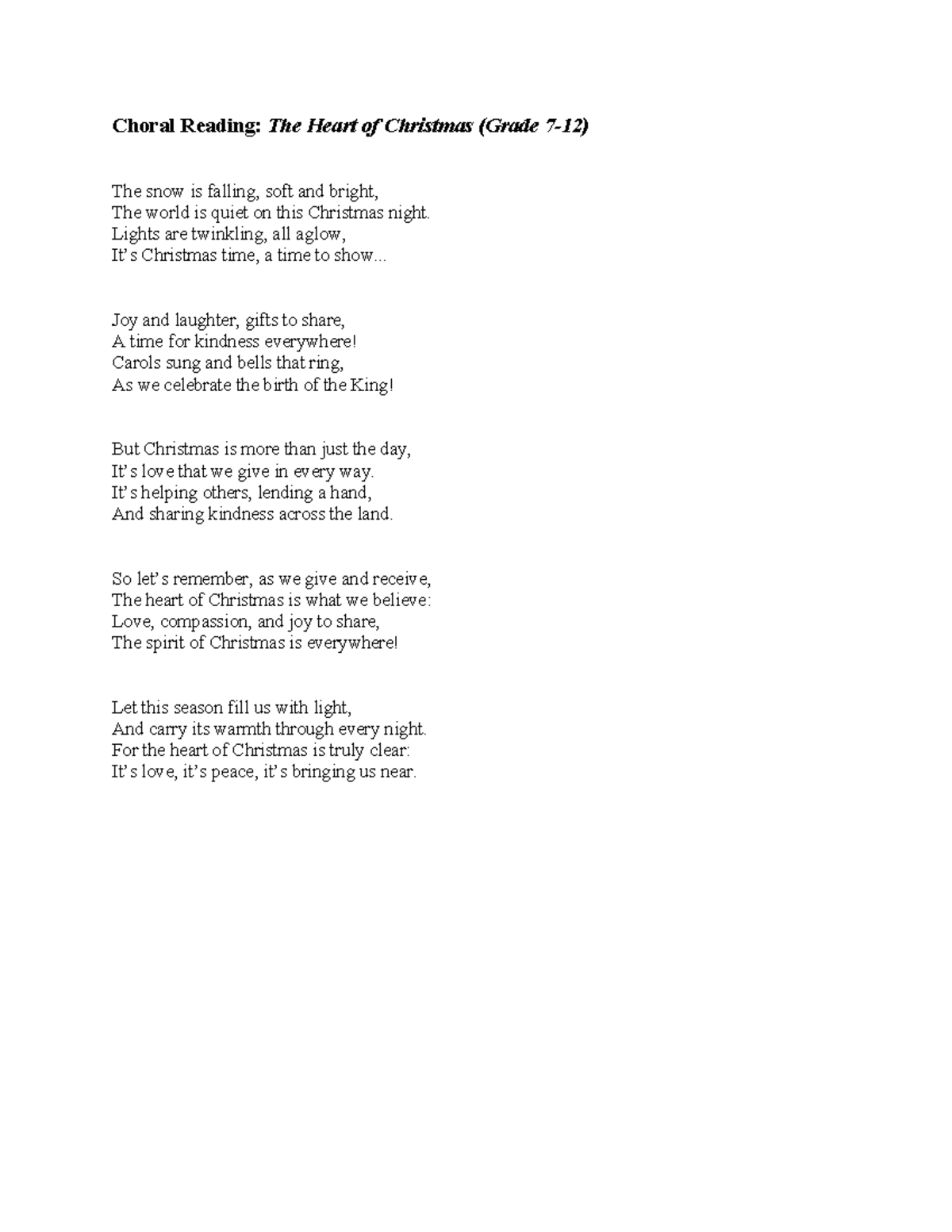 Choral Reading Piece: The Heart of Christmas (Grades 7-12) - Studocu