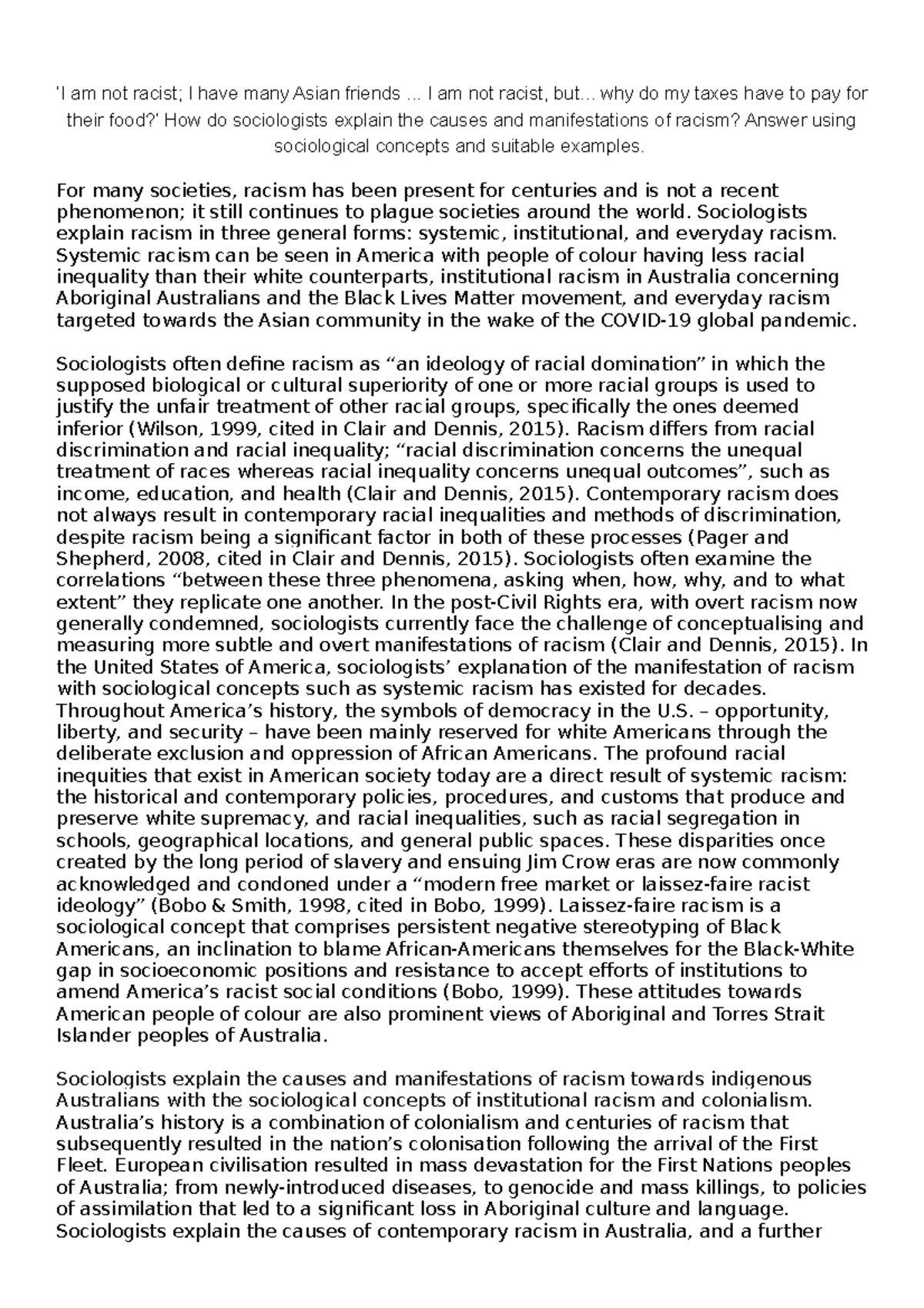 SOC103 Essay - Racism - ‘I am not racist; I have many Asian friends ...
