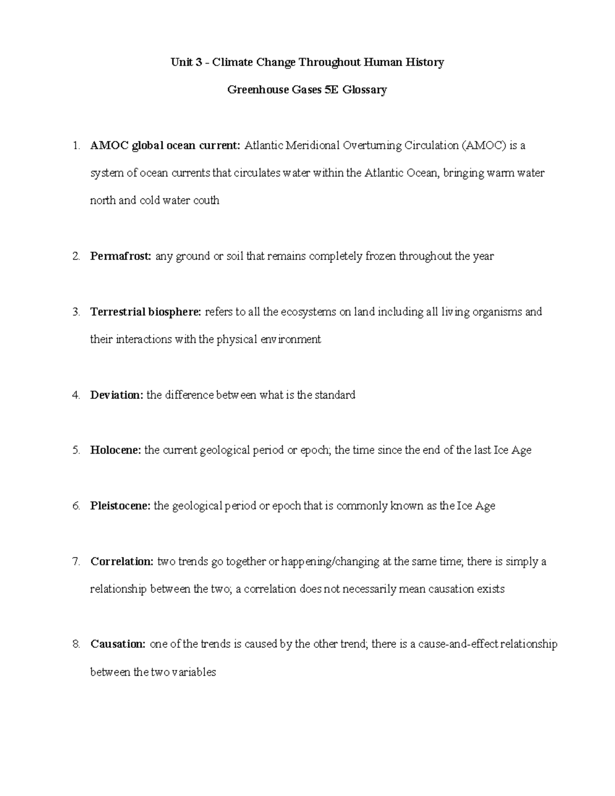 E&S Unit 3 Climate Change Glossary: Greenhouse Gases & AMOC - Studocu