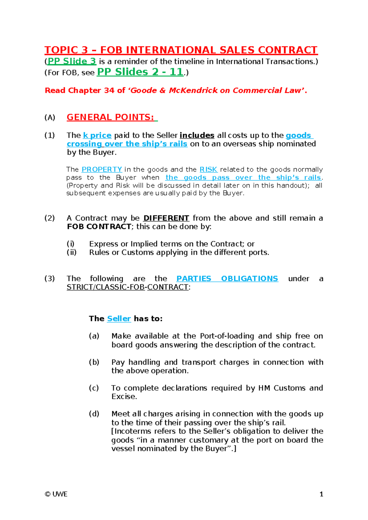 LLB LIT - Topic 3 - FOB International Sales Contracts Overview - Studocu