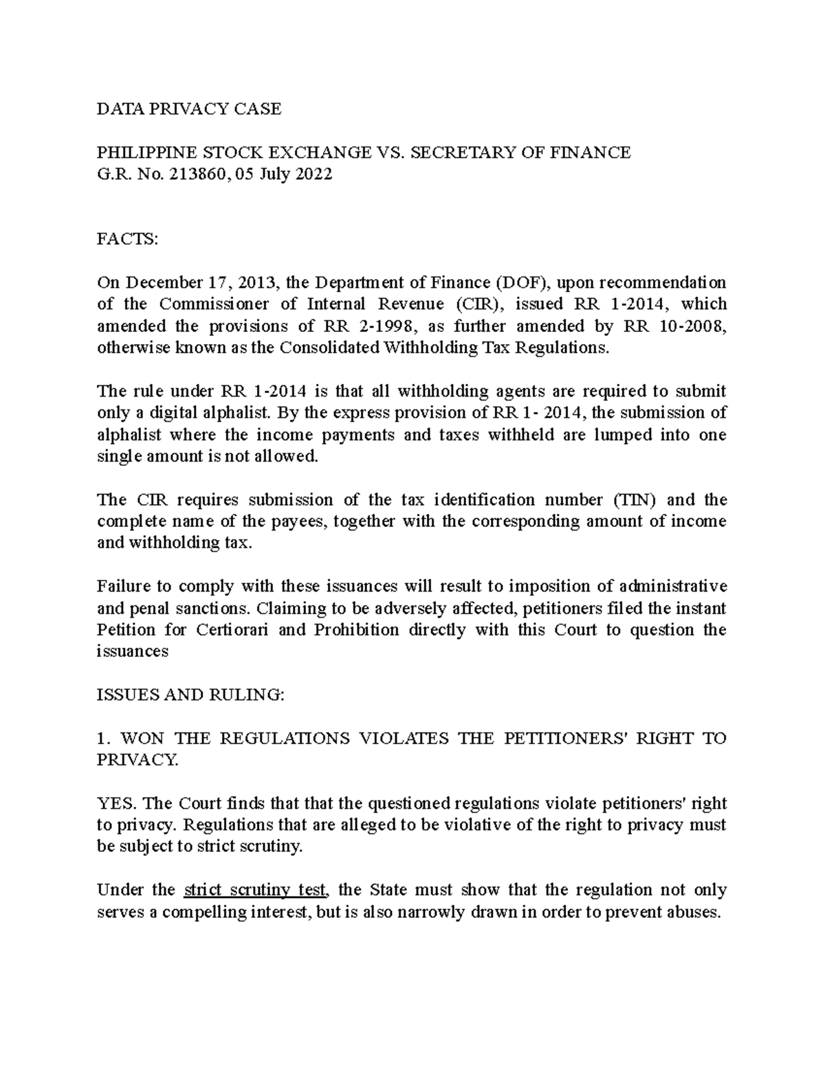 DATA Privacy CASE: PSE vs. Secretary of Finance Analysis - Studocu