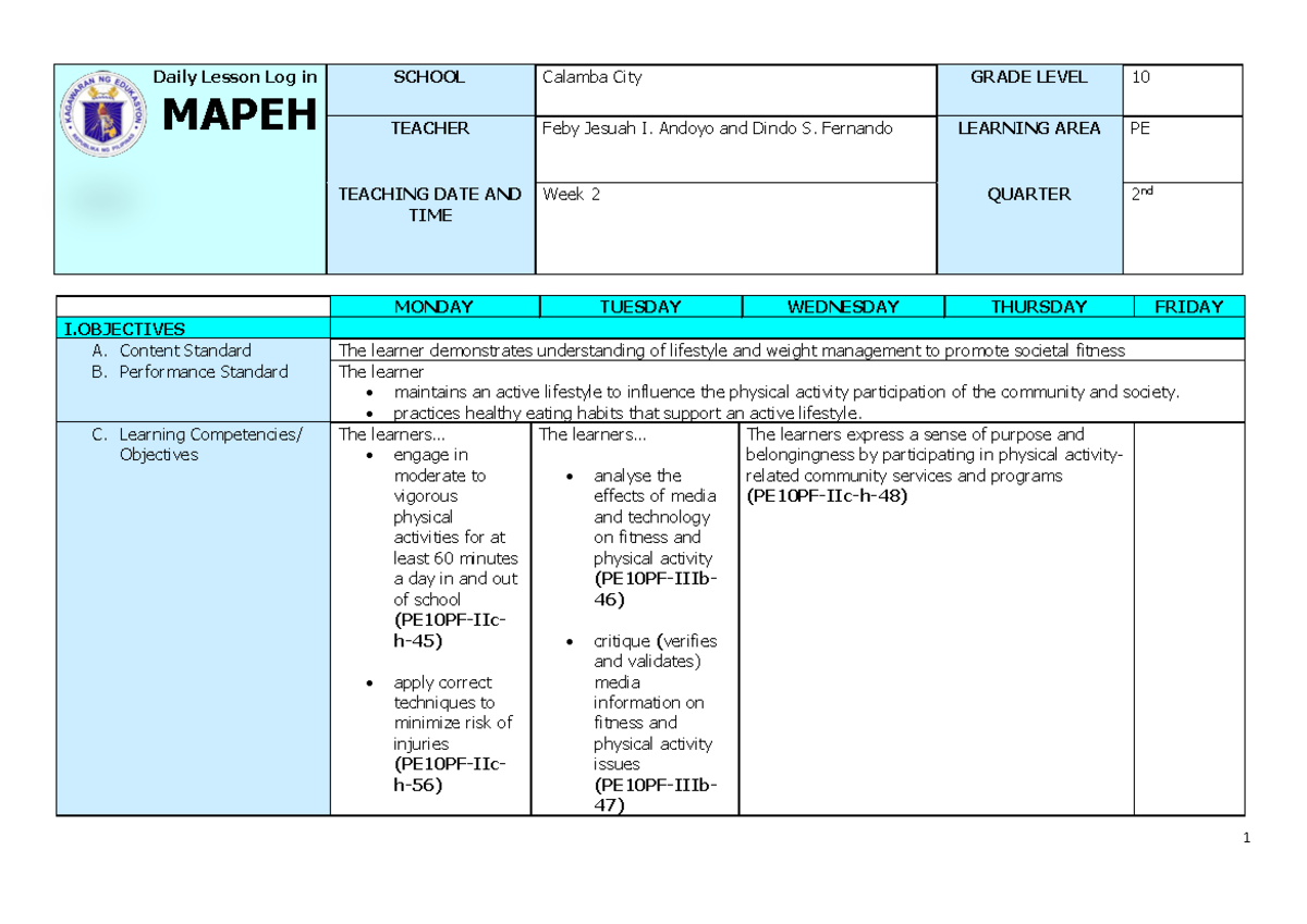Q2 Grade 10 PE DLL Week 2 - Fitness Activities and Wellness Plans - Studocu