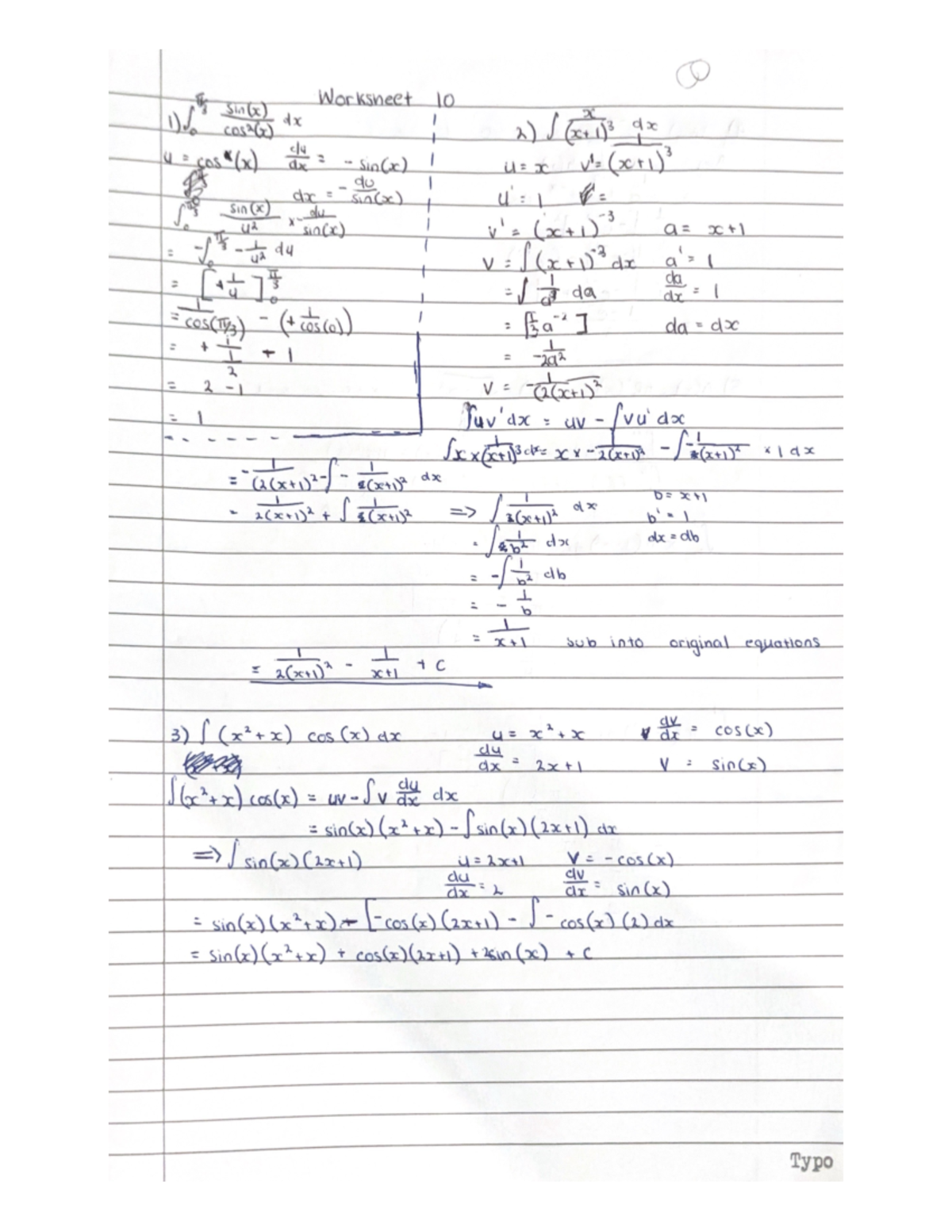 Calculus Worksheet 10: Integration Techniques and Applications - Studocu