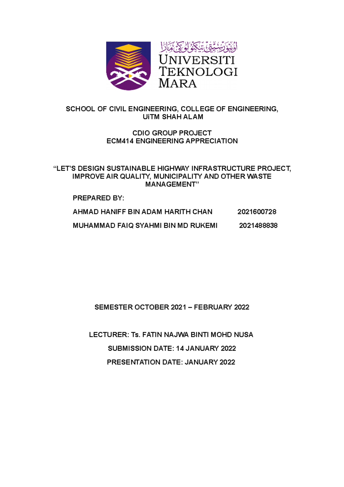 CDIO Report Project Group 5 - Engineering Appreciation & Drawing - UiTM ...
