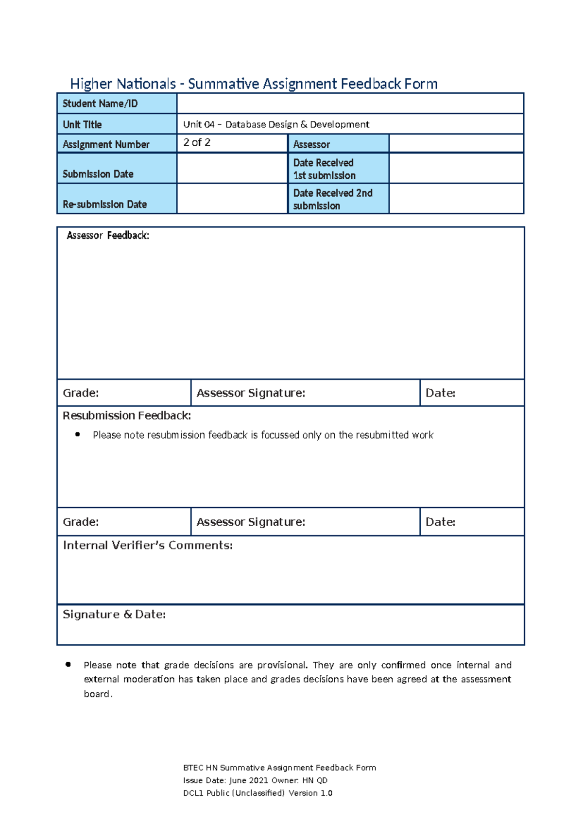 Unit 04 Database Design Development Assignment Feedback Form 2024-25 - Studocu