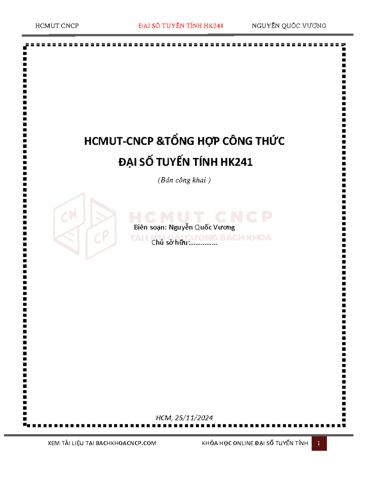HCMUT-CNCP: Tổng hợp công thức Đại số tuyến tính Môn HK241 - Studocu