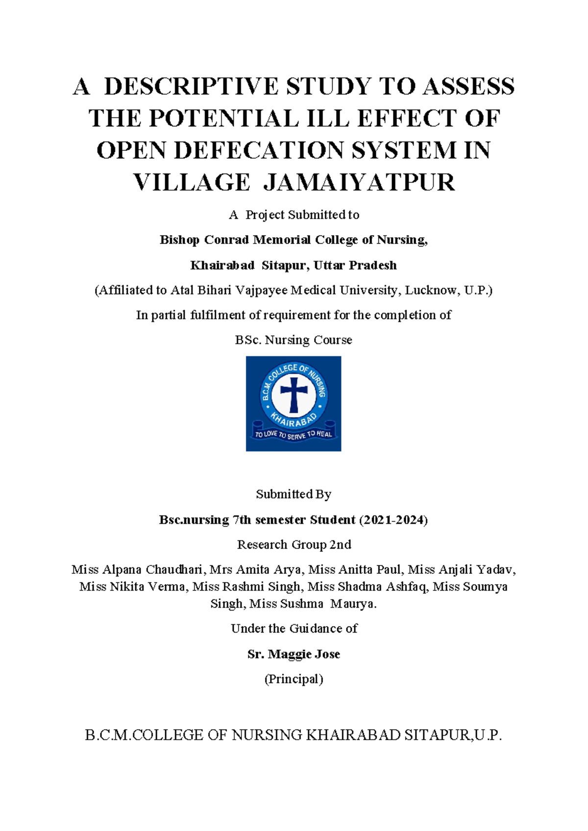 BSc Nursing 7th Sem: Study on Ill Effects of Open Defecation in ...