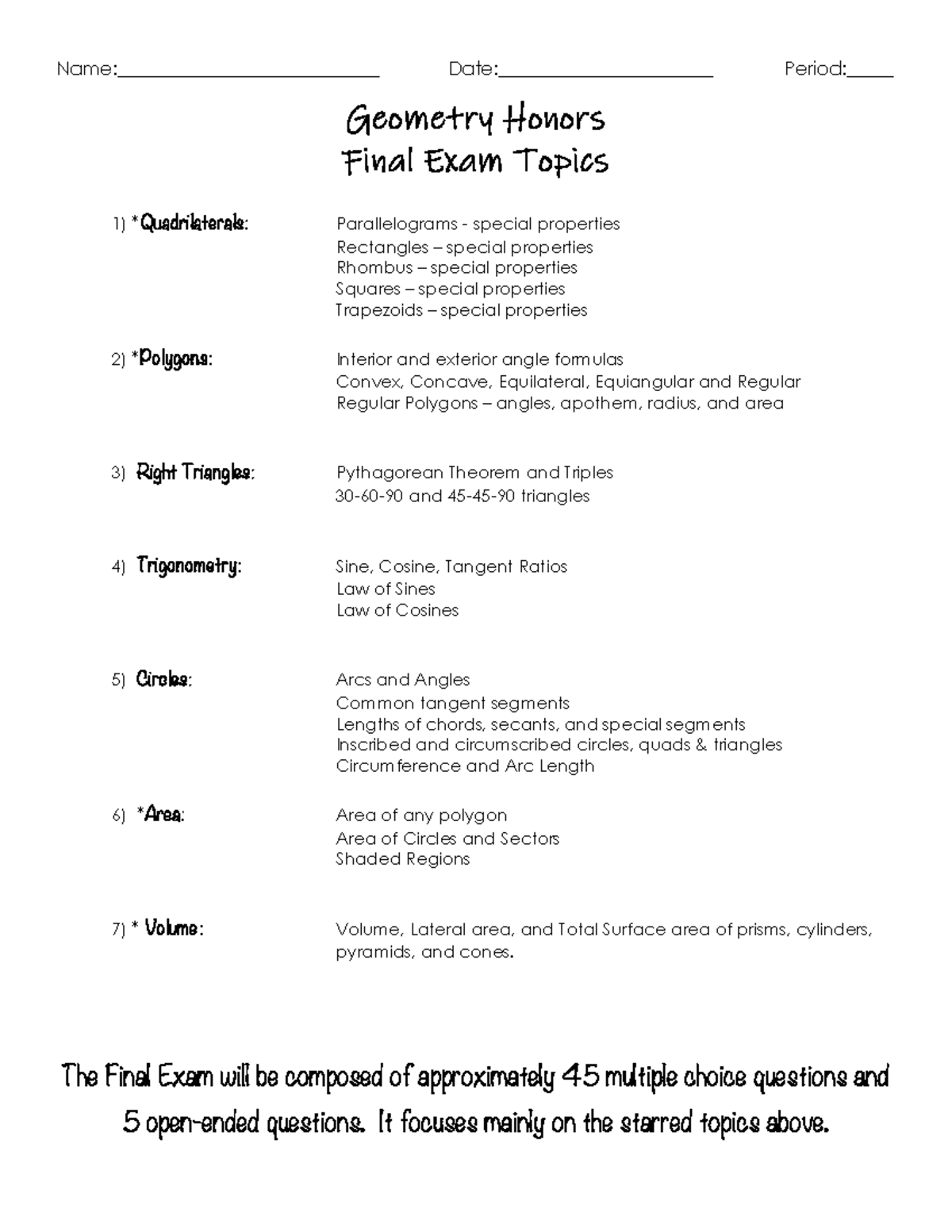Geometry Honors Final Exam Topics & Extra Problems - Studocu
