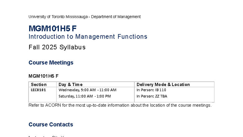 MGM101H5 F Introduction to Management Functions Fall 2025 Syllabus ...