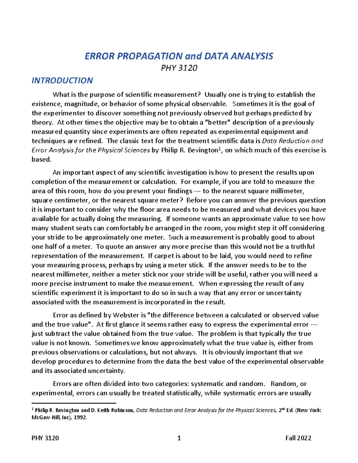 Error Propagation and Data Analysis for PHY 3120 - Fall 2022 - Studocu