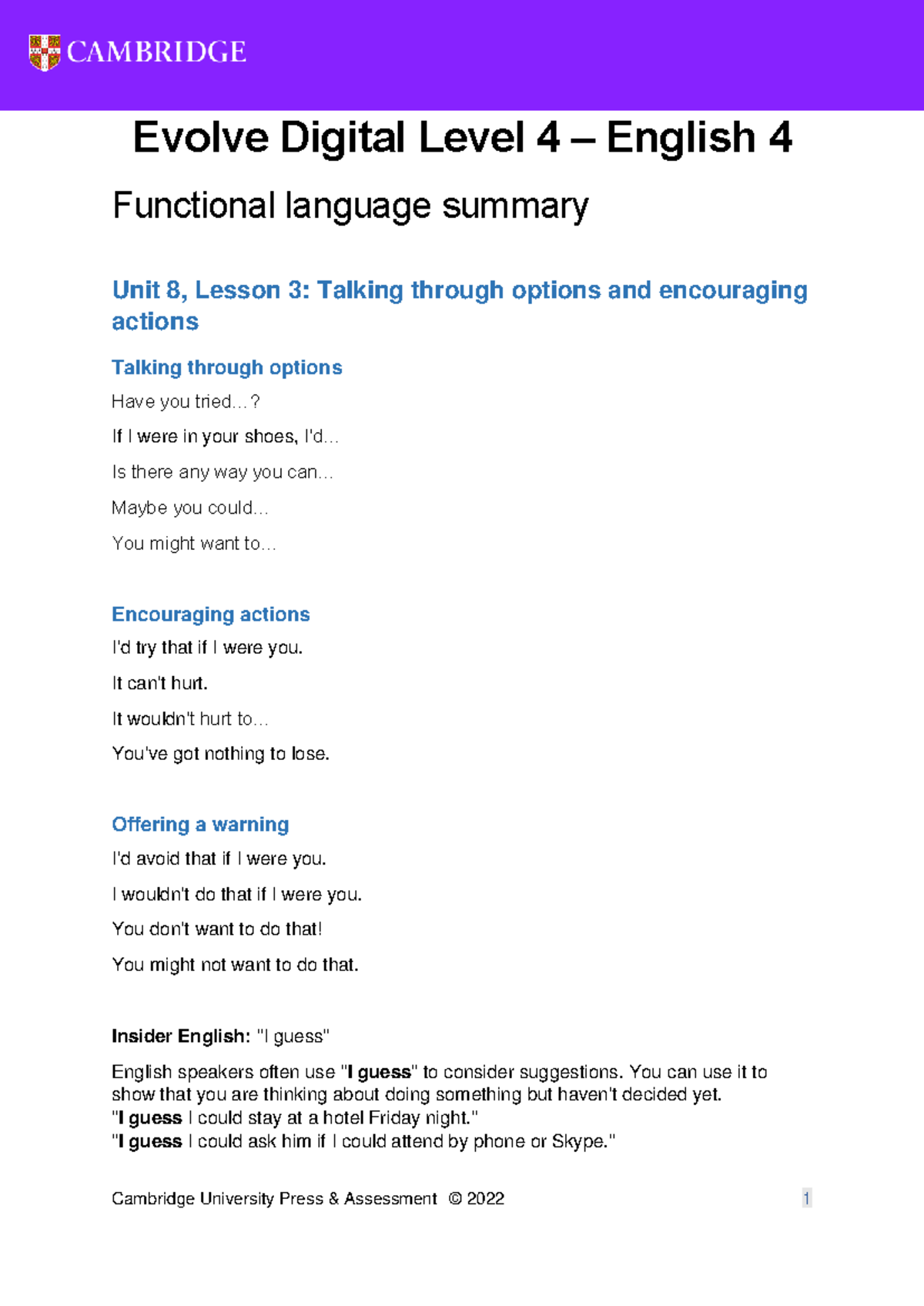 Unit 8 - E4 - Functional Language & Encouraging Actions Summary - Studocu