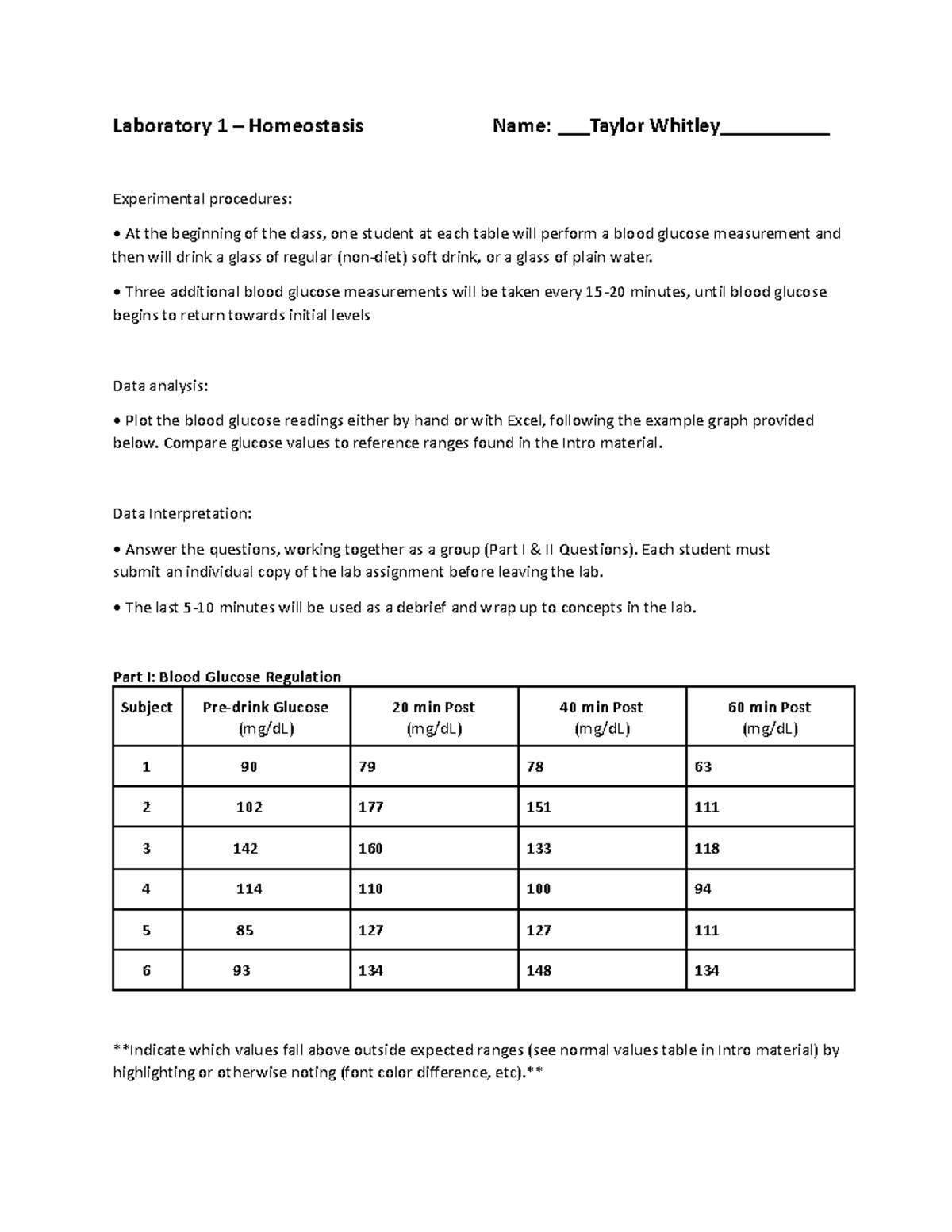 Laboratory 1: Homeostasis & Blood Glucose Regulation Experiment - Studocu