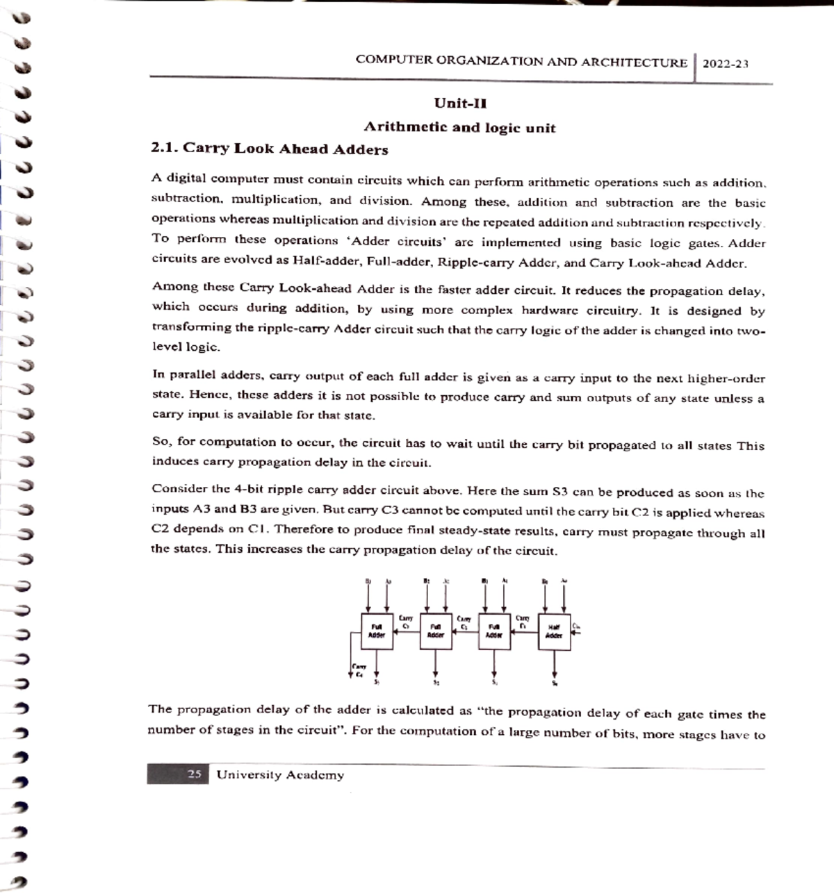 MCA COA UNIT -2 - Carry Look Ahead Adders and ALU Design Notes - Studocu