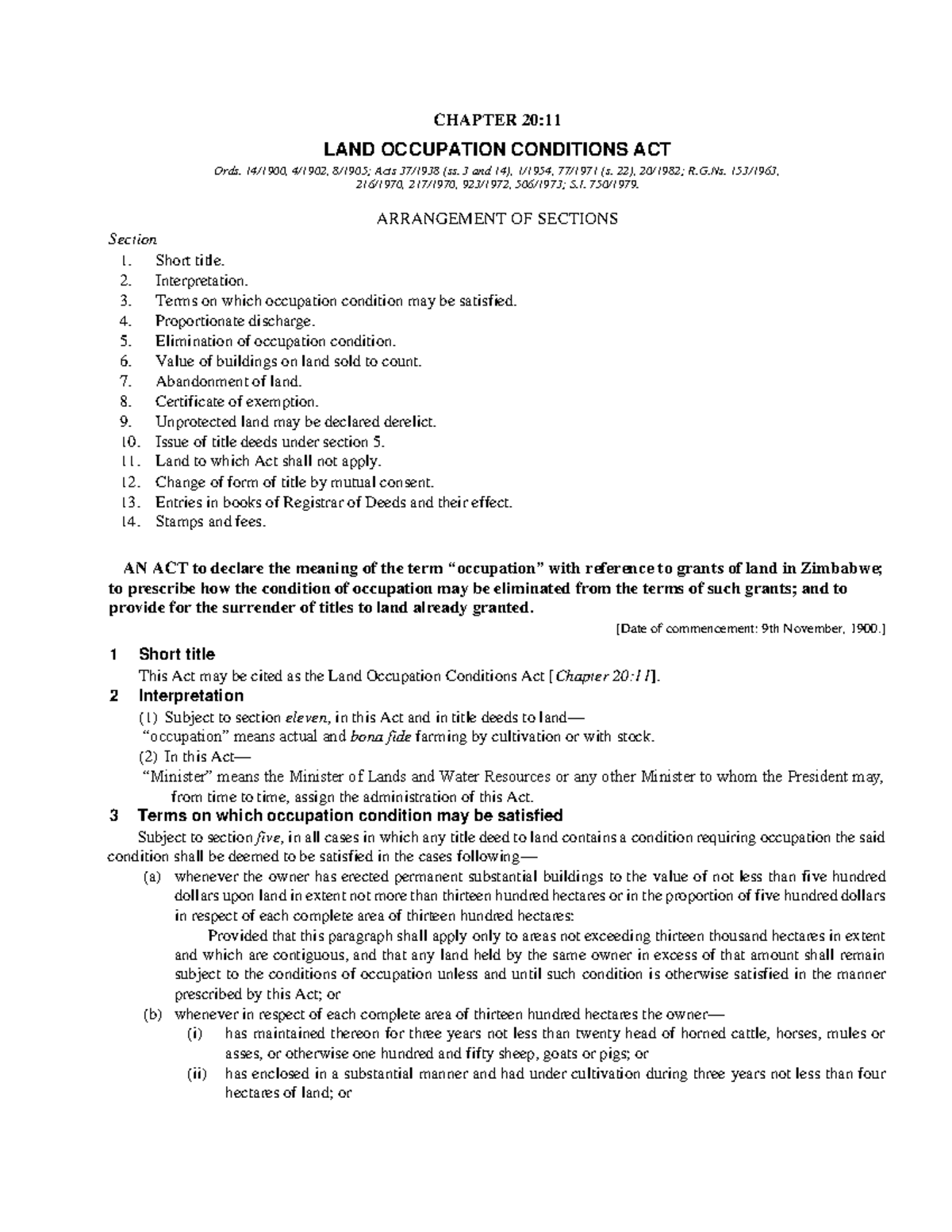 CHAPTER 20:11 LAND OCCUPATION CONDITIONS ACT - Detailed Overview - Studocu