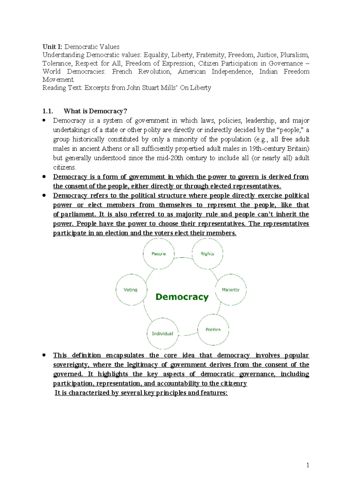 Unit I: Exploring Key Democratic Values and Principles - Studocu