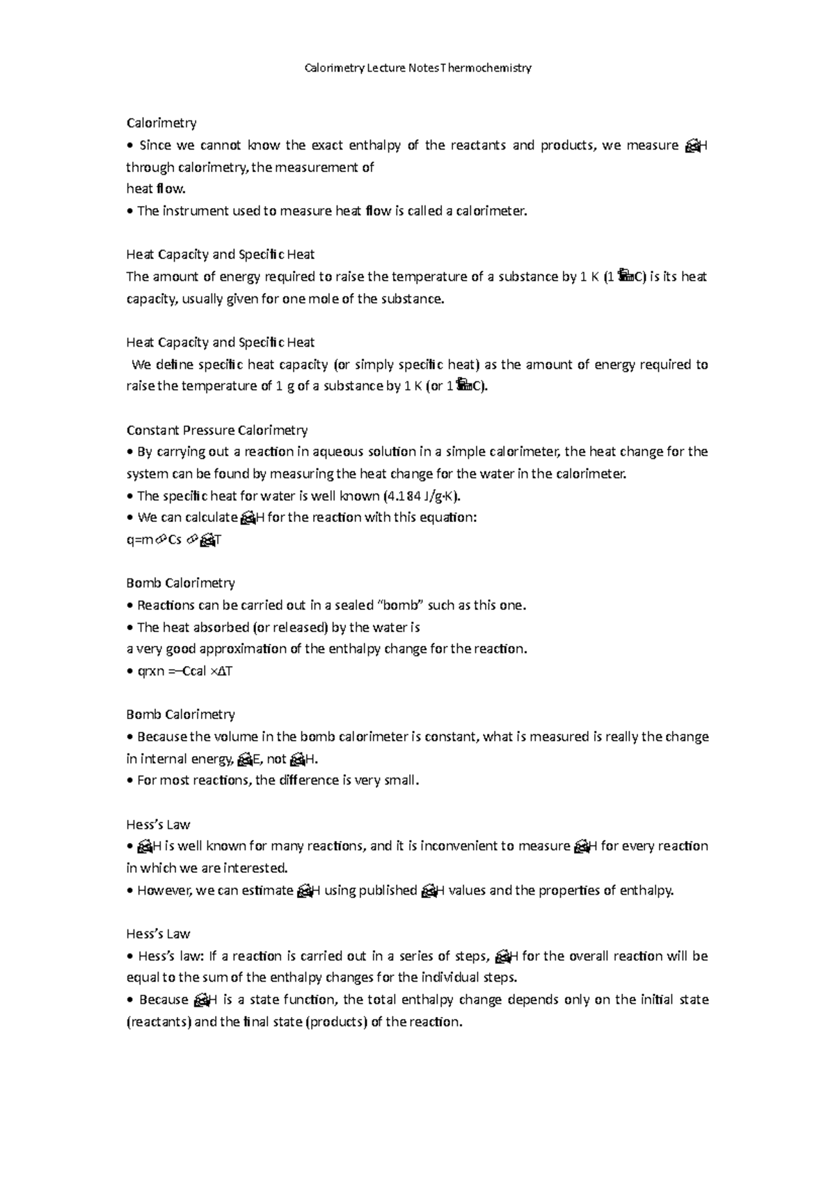 CHEM 101 Calorimetry & Thermochemistry Lecture Notes Summary - Studocu