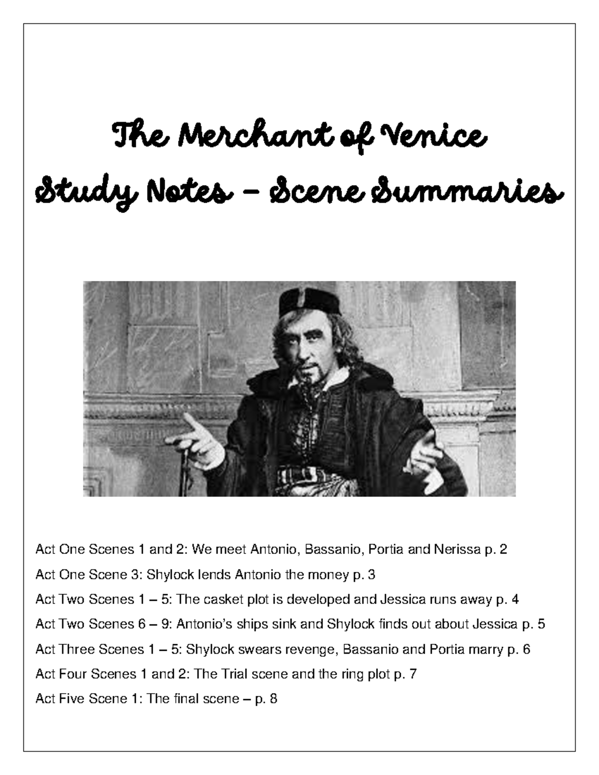 Merchant of Venice Revision Booklet: Scene Summaries and Key Themes ...