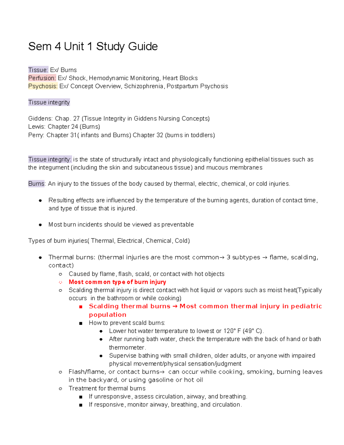 Sem 4 Unit 1 Study Guide: Tissue Integrity, Burns, and Shock Concepts ...