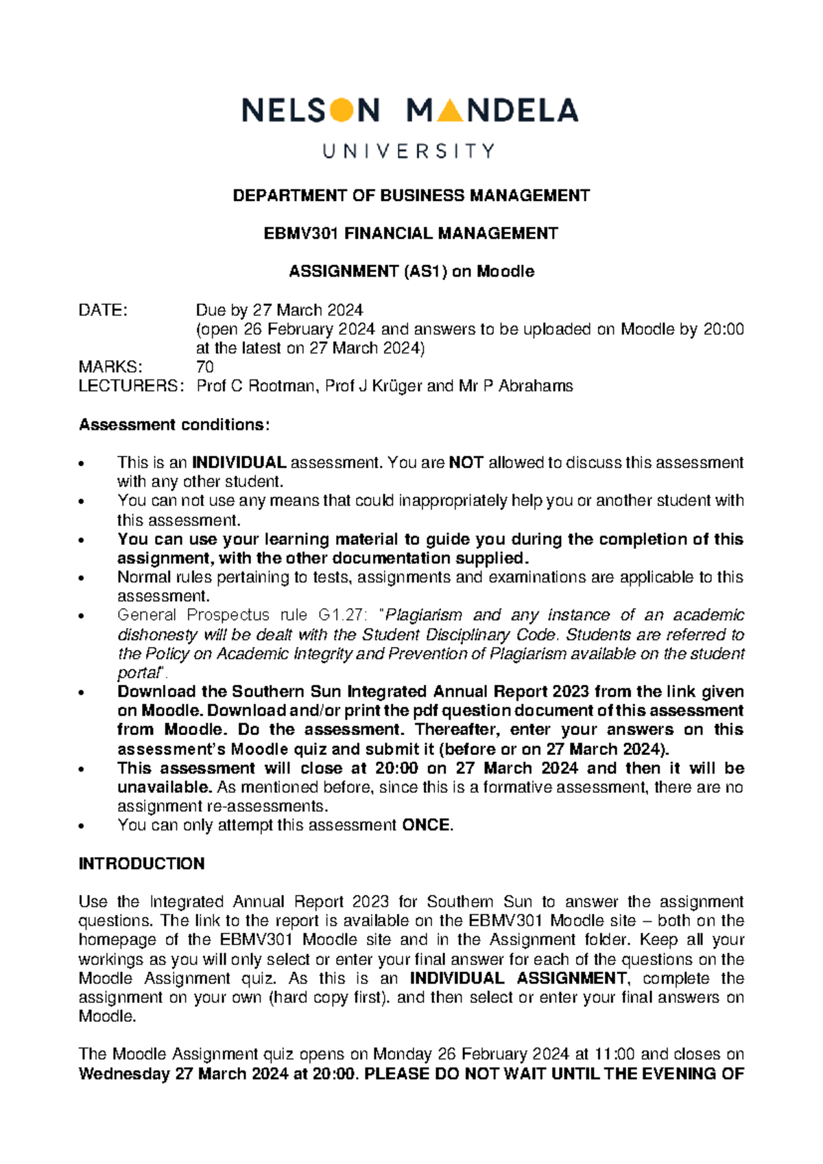 2024 EBMV301 Assignment 1 questions Southern Sun final - DEPARTMENT OF ...
