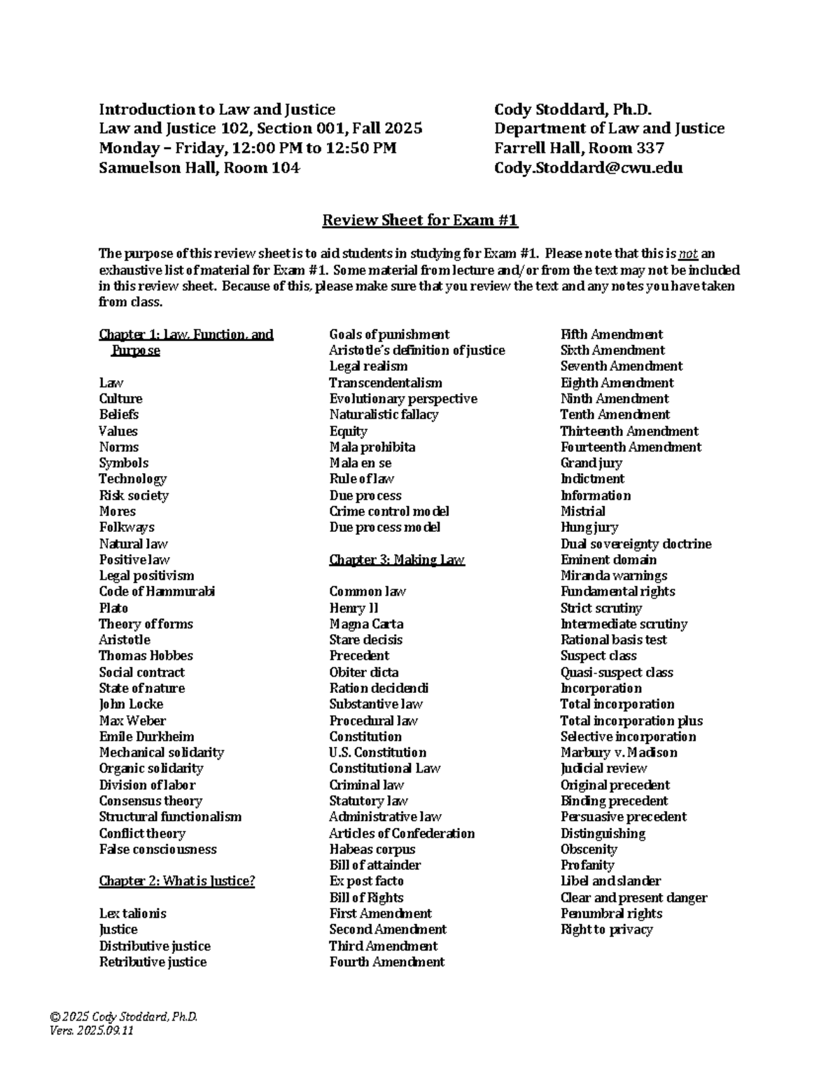 Review Sheet for Law and Justice 102 Exam #1 - Fall 2025 - Studocu